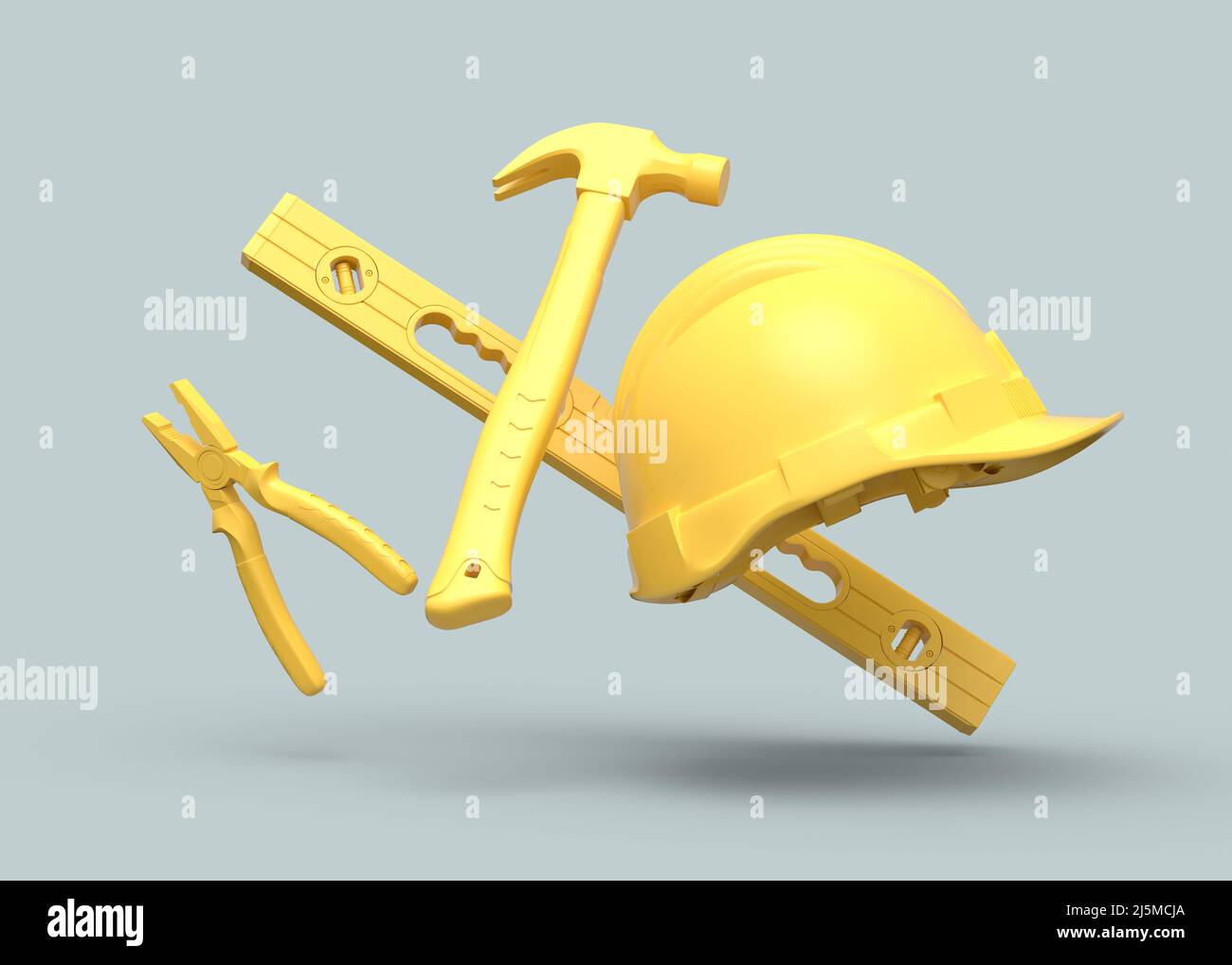 Flying view of yellow construction tools for repair and installation on ...