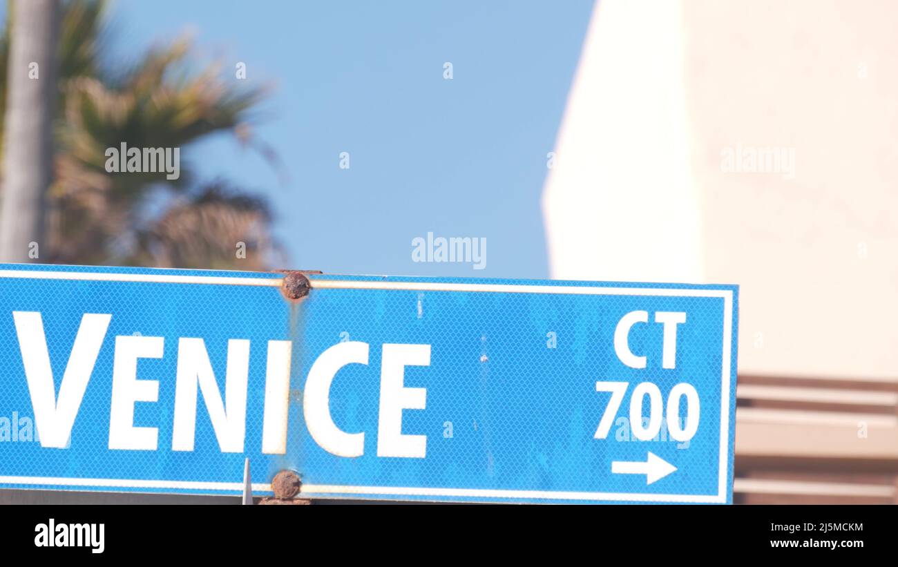 Venice beach road sign on crossroad, California city street, USA ...