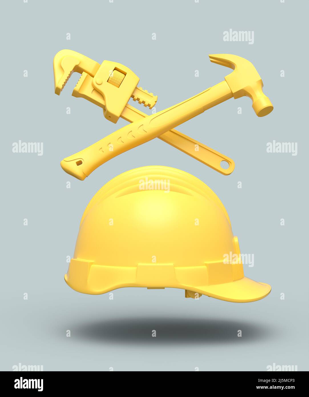 Flying view of yellow construction tools for repair and installation on ...
