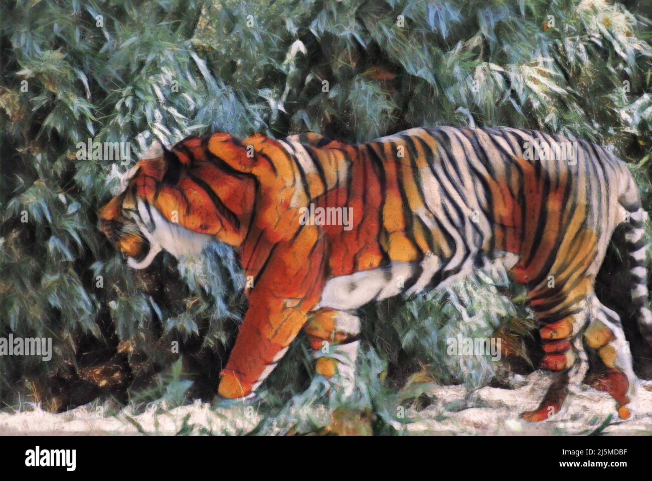 Brightly colored painted tiger with plant background Stock Photo - Alamy