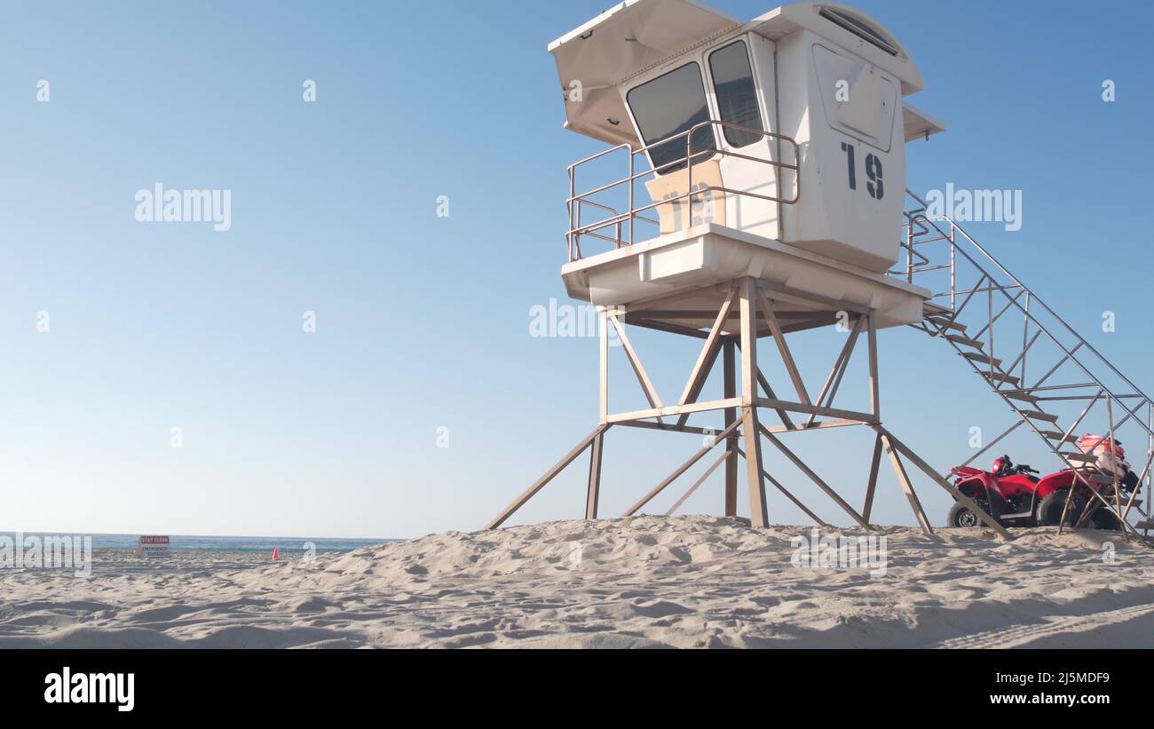 Lifeguard stand or life guard tower hut, surfing safety on California ...