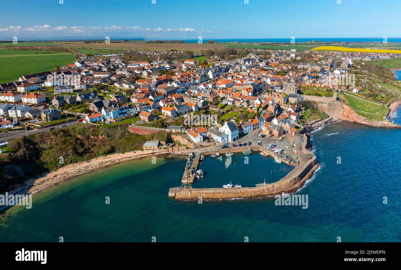 Aerial view from drone of historic Crail harbour and village in East ...
