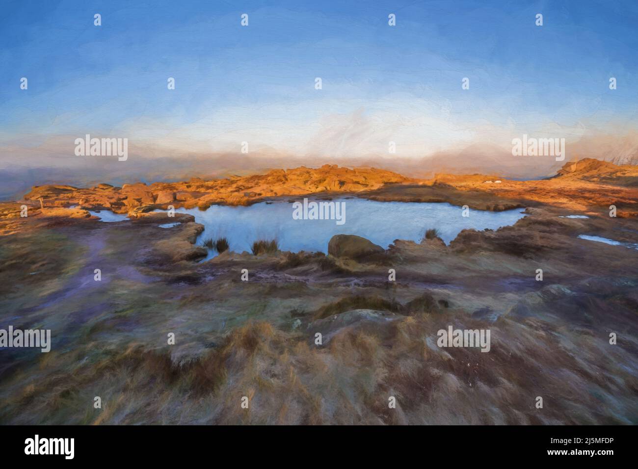 Rural landscape. Fine art digital oil painting of sunrise at Doxey Pool ...