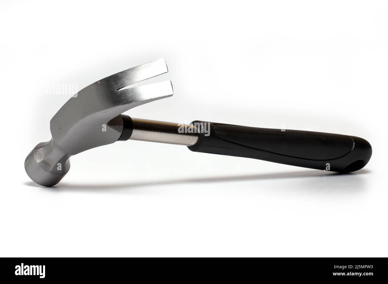 Oblique side view of metal shiny hammer with claw for pulling nails and ...