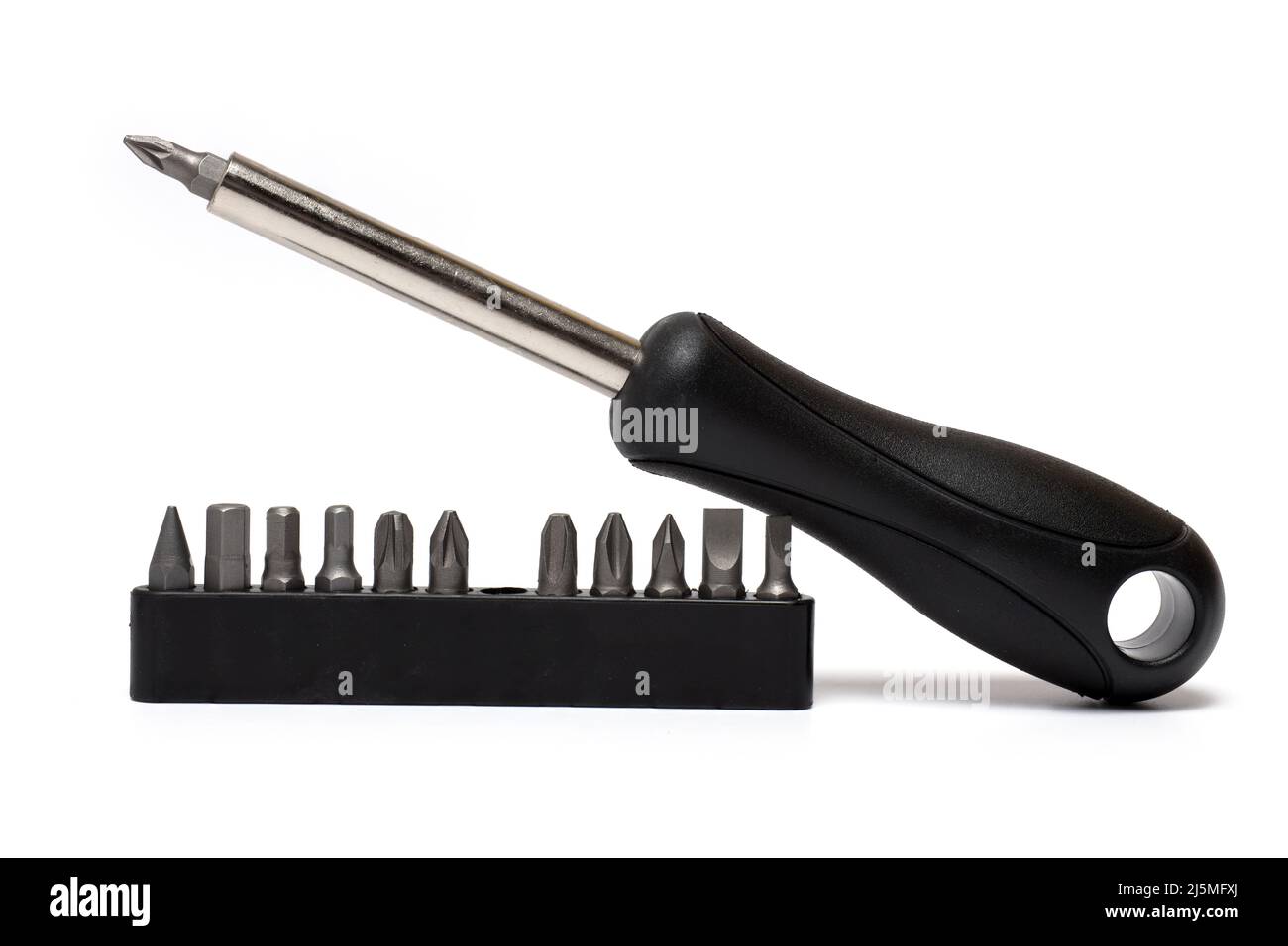 Close-up of a flexible screwdriver with various bits with black ...