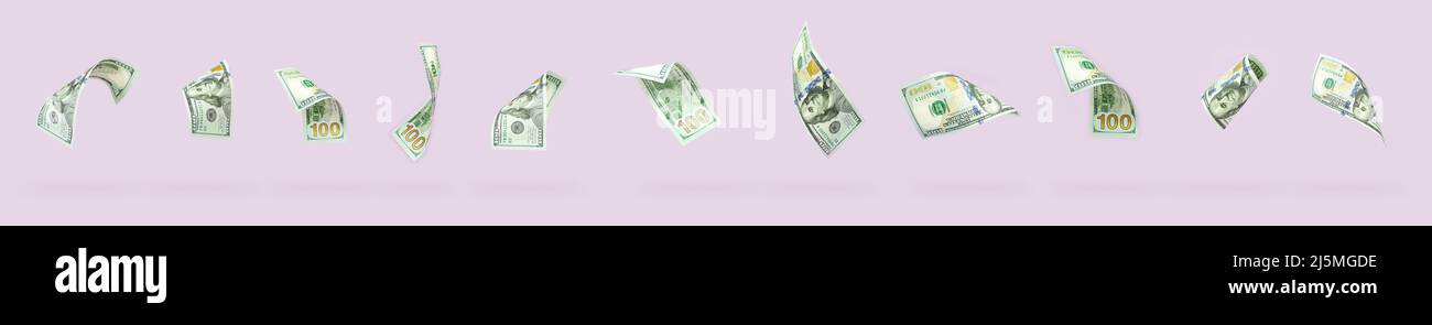 Set 100 Dollar banknotes flying on pink background. Collection of ...