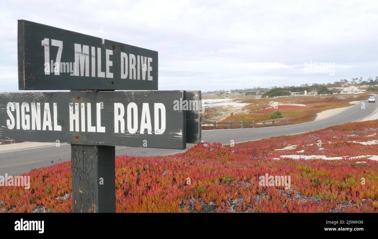 Scenic 17-mile drive wooden road sign, Monterey, California, USA ...