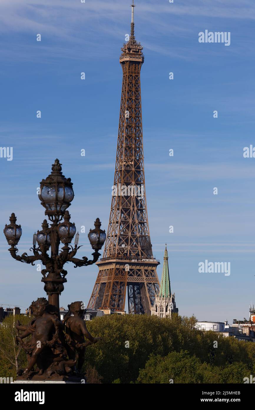 Eiffel tower viewed from famous Alexandre III bridge in Paris Stock ...