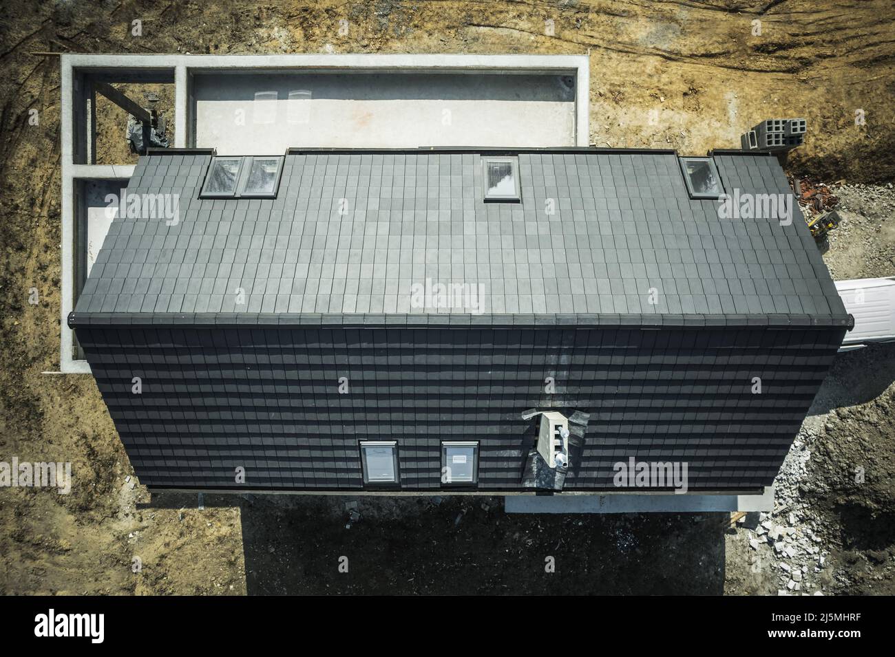 Aerial View of European Style Brick and Concrete House with Black ...