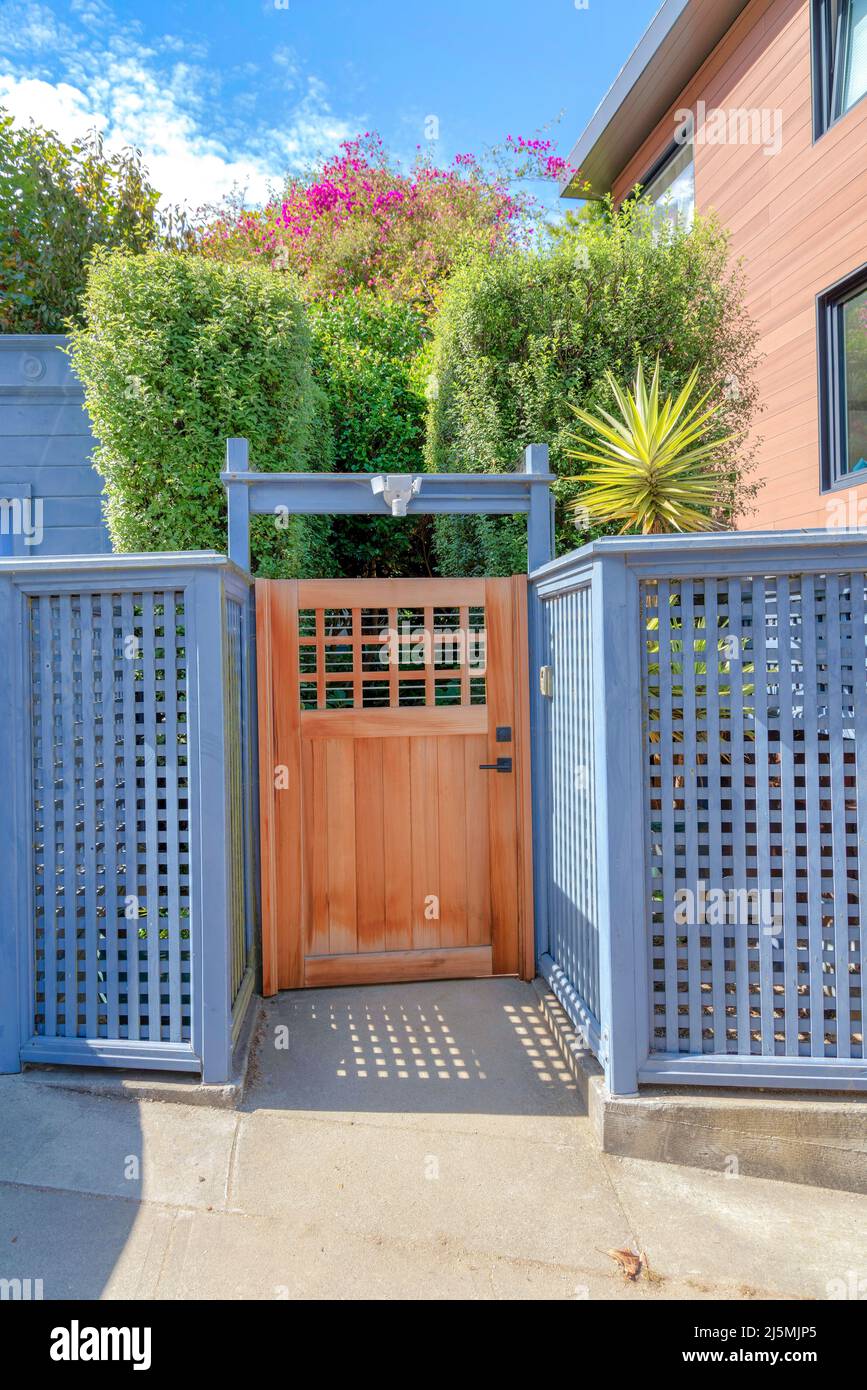 Wooden gate with light blue wooden fence at San Francisco, California ...
