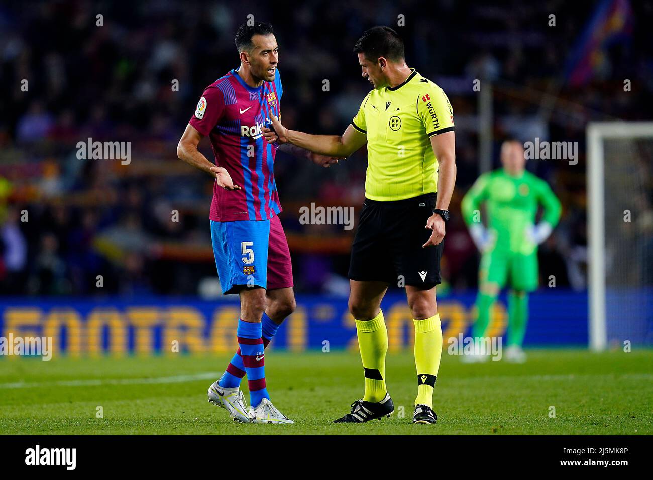 Sergio Busquets of FC Barcelona protest to referee during the La Liga ...