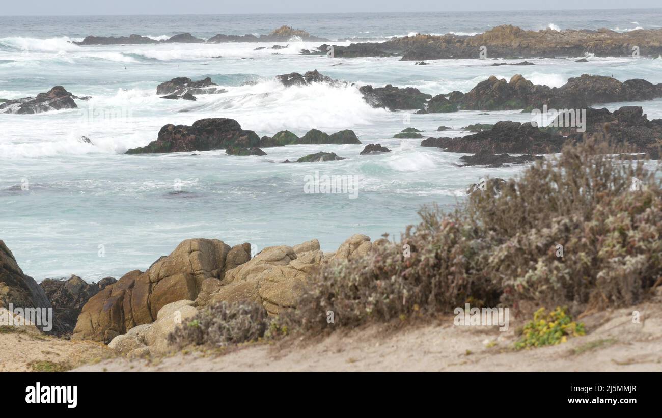 Rocky craggy pacific ocean coast, sea water waves crashing on rocks, 17 ...