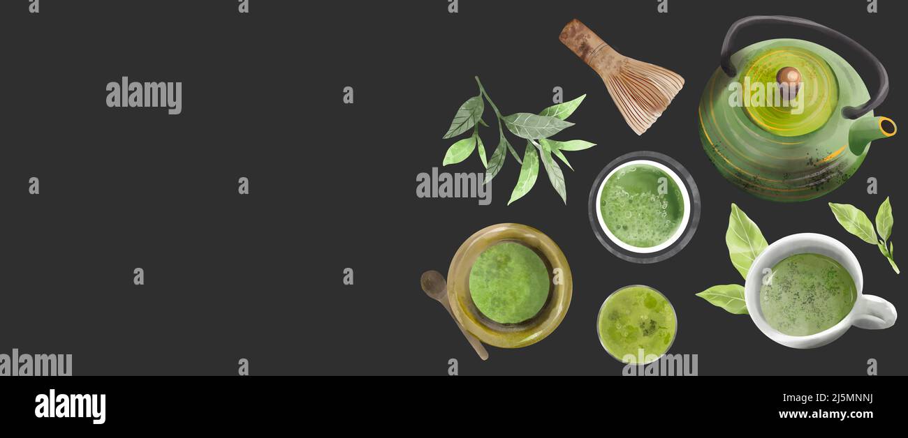 illustration of matcha tea Japanese ceremony advertising banner on dark ...