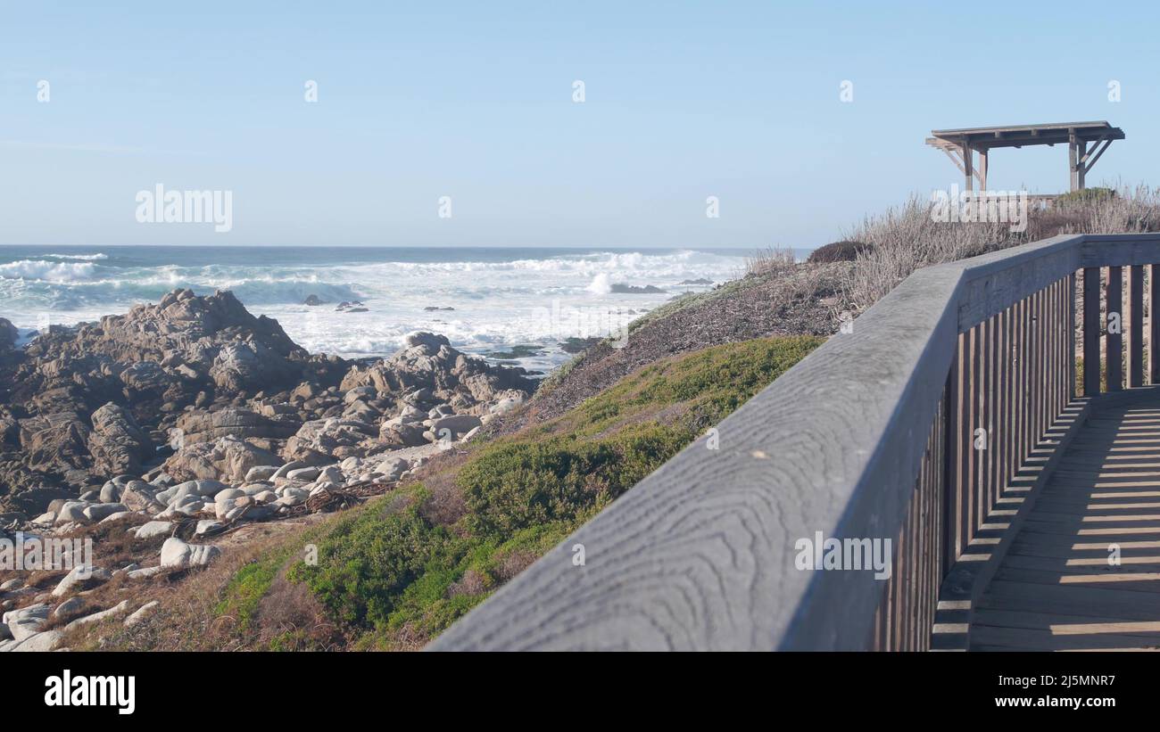 Waves crashing rocky craggy beach, Monterey shore, California ocean ...