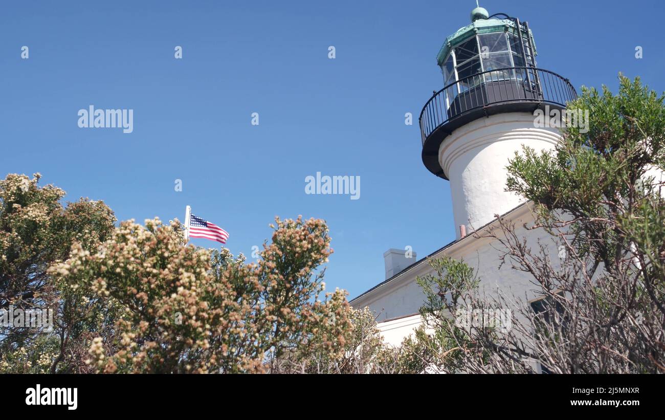 Vintage lighthouse tower, retro light house, old fashioned historic ...
