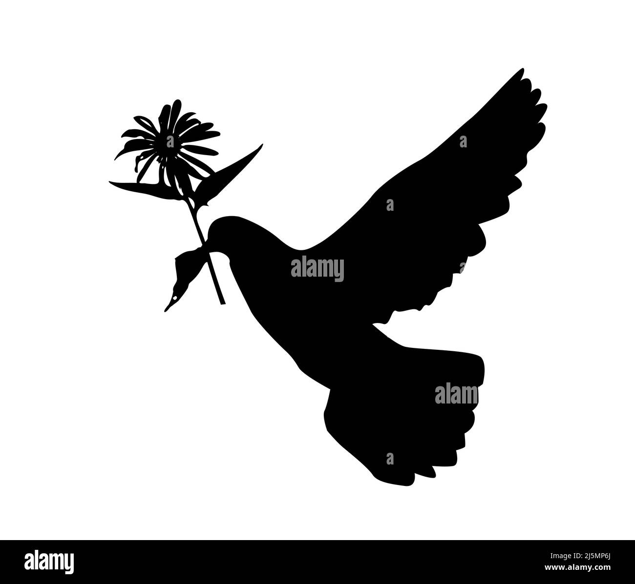 Black silhouette of a flying dove with a flower on a white background ...