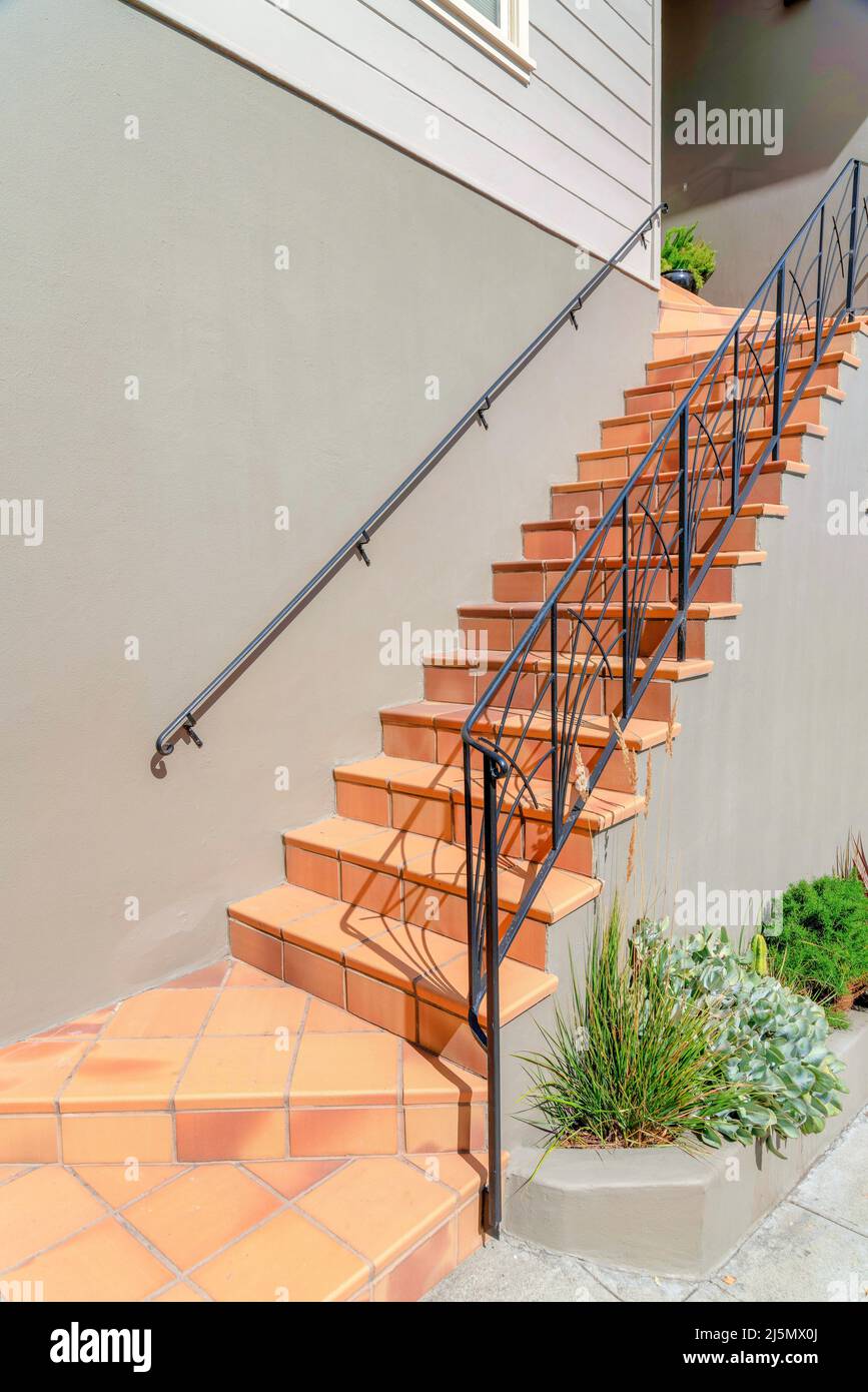 Outdoor staircase with tiled steps and iron railings at San Francisco ...