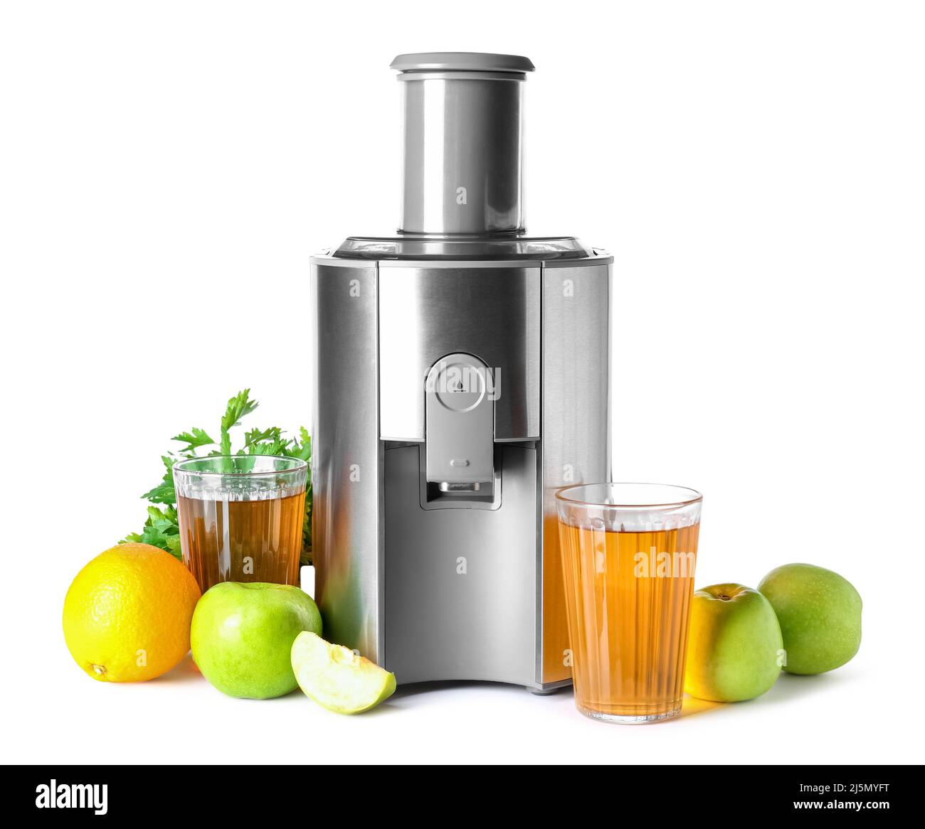 Modern juicer with fresh fruits on white background Stock Photo - Alamy