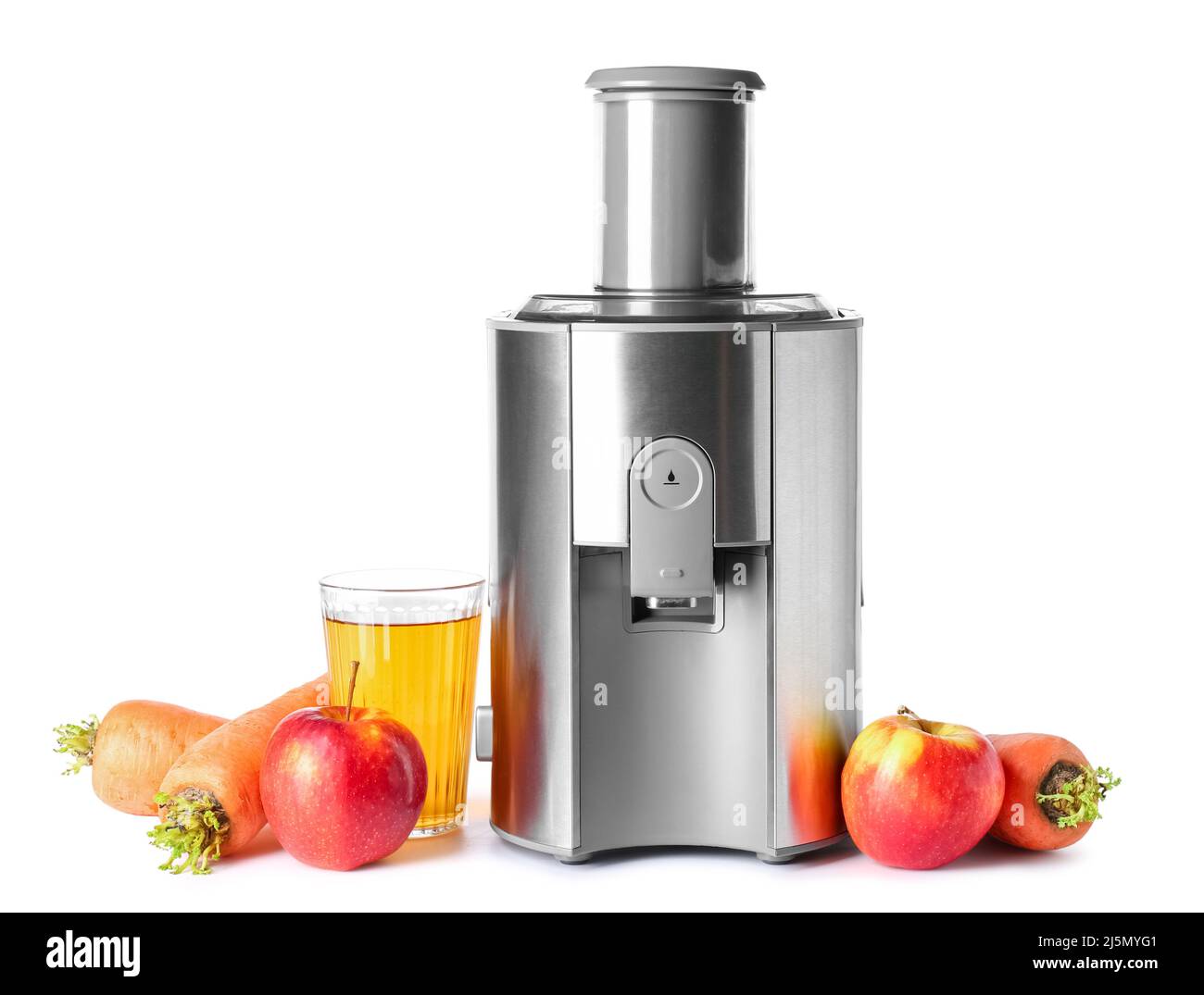 Modern juicer with fresh fruits on white background Stock Photo - Alamy