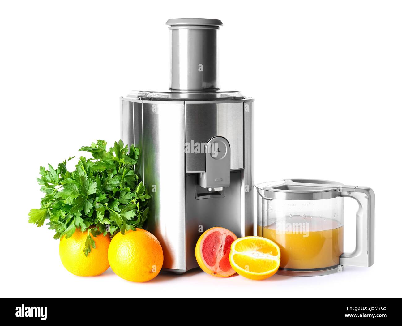 Modern juicer with fresh fruits on white background Stock Photo - Alamy