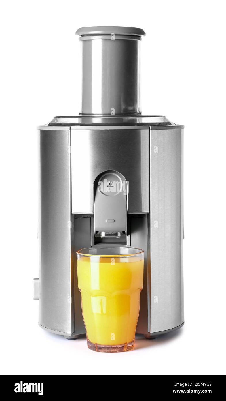 Modern juicer with glass of fresh juice on white background Stock Photo ...