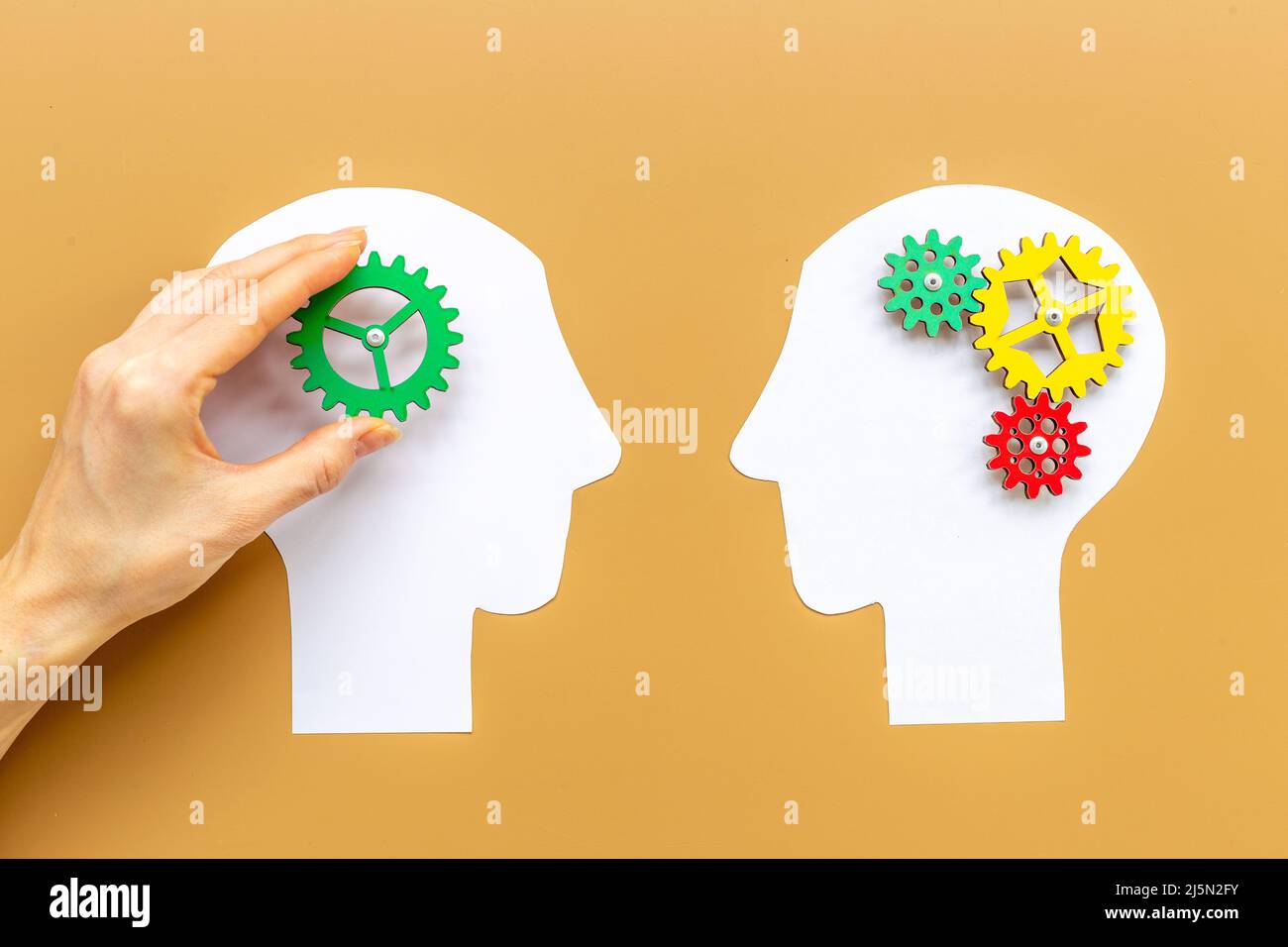 Brain gears on two human heads. Mind work. Brain chaos and mind peace ...