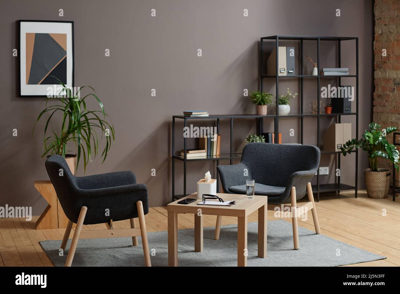 Horizontal no people shot of modern psychologist office interior in ...