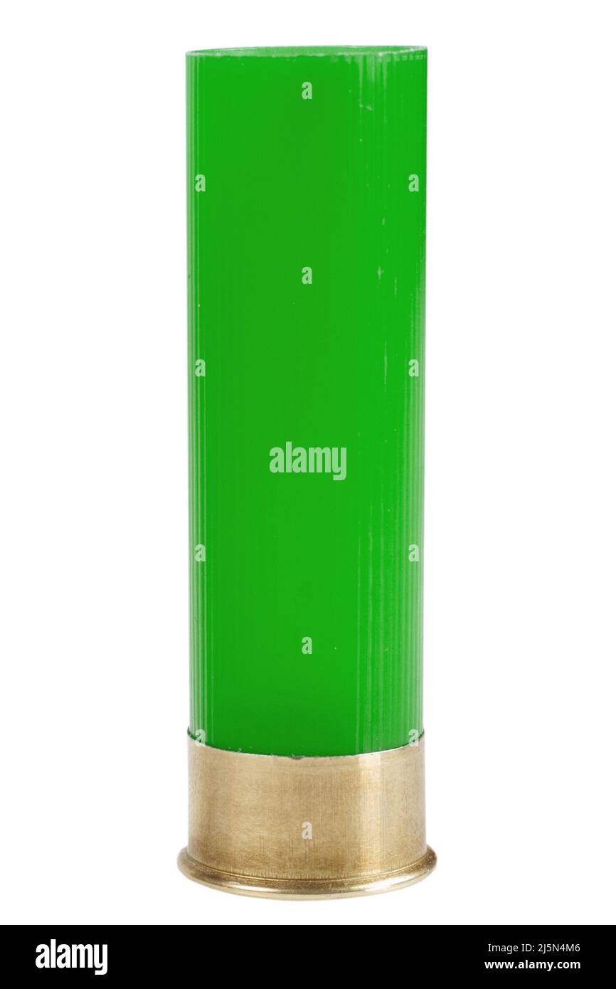 Green 12 gauge shotgun shell isolated on white background Stock Photo ...