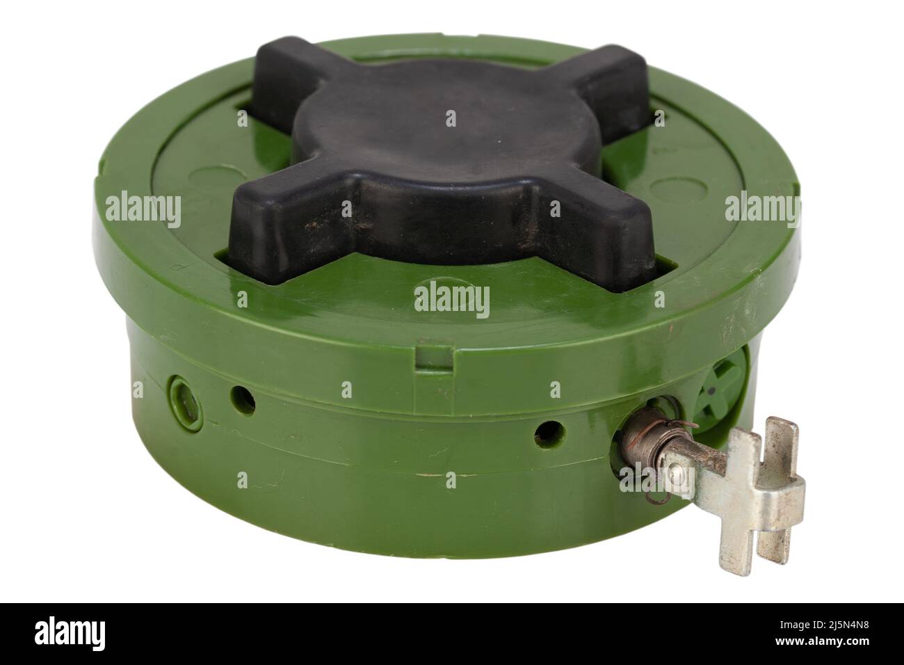 PMN-2 soviet, plastic bodied anti-personnel landmine. Isolated on white ...