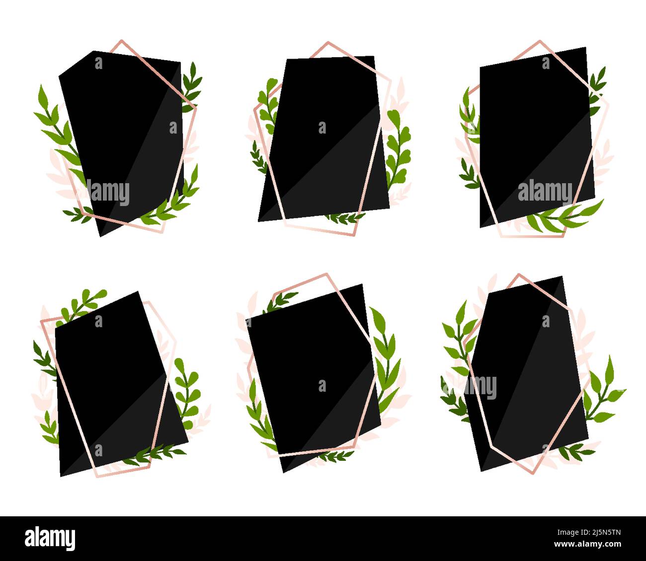 Botanical polygonal frame leafy poster black flat set. Vntage blank ...