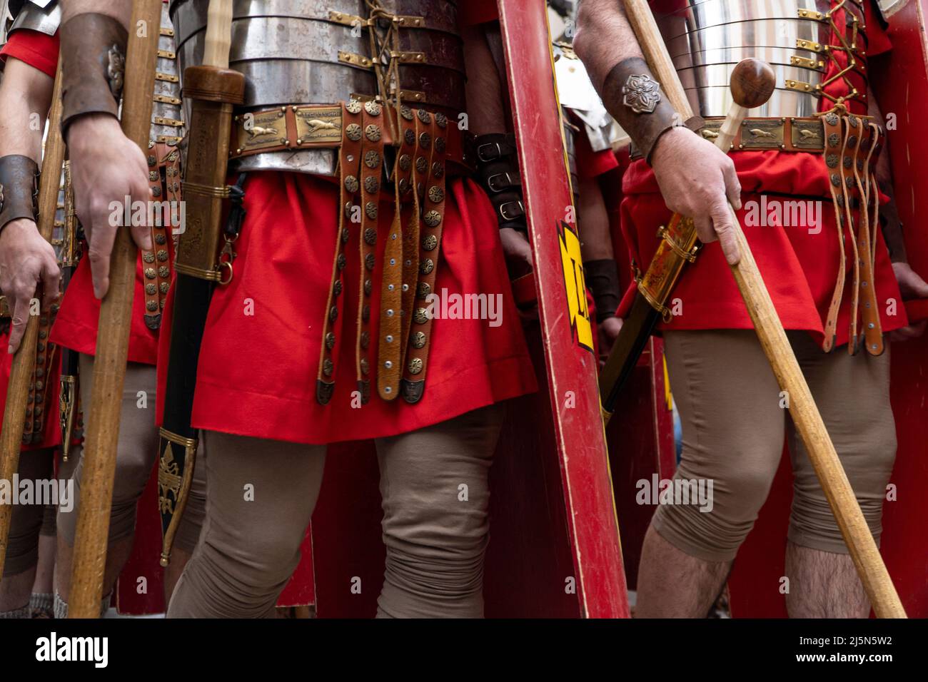 roman soldiers in a historical reenactment in easter. People performing ...
