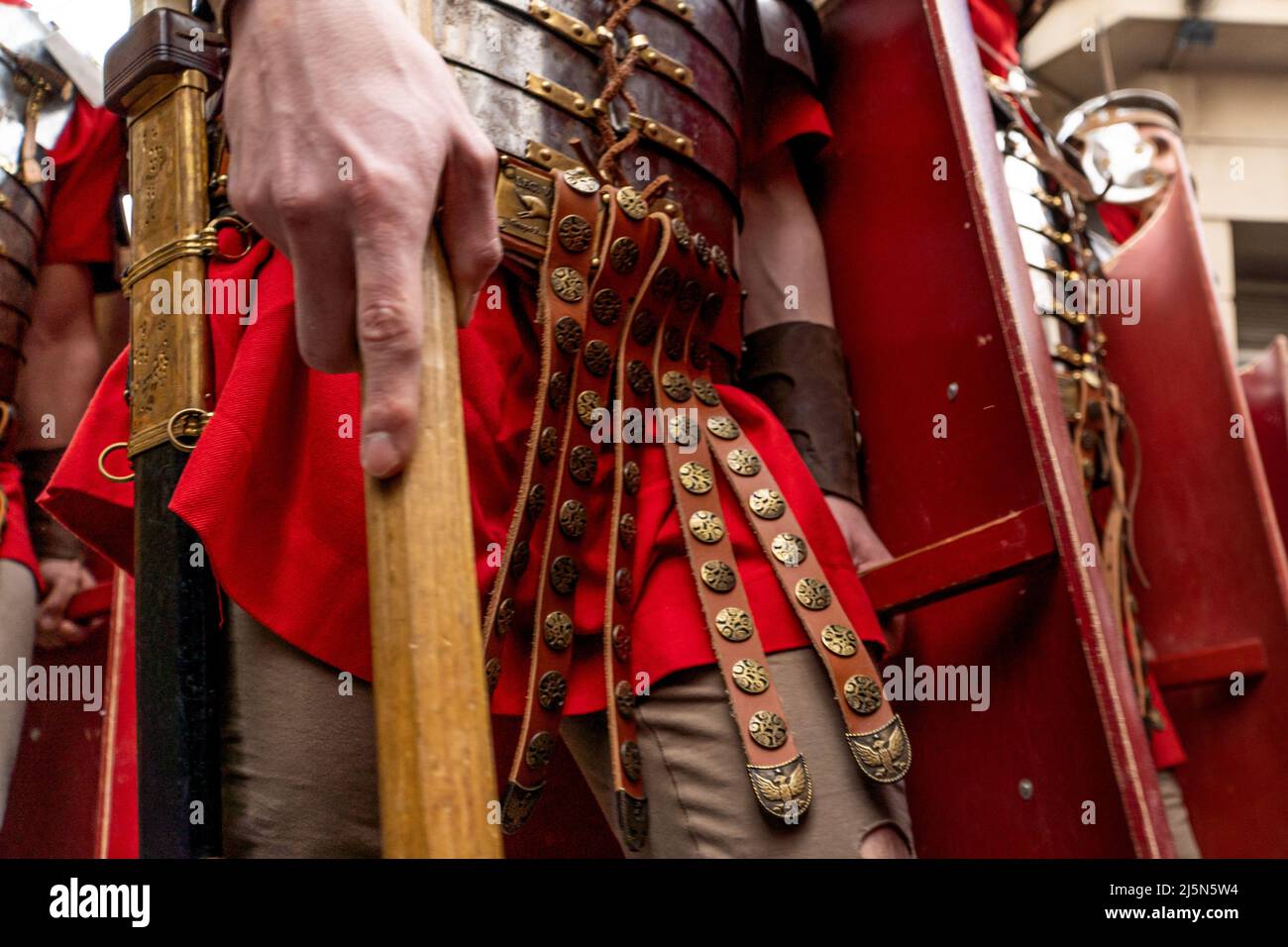 roman soldiers in a historical reenactment in easter. People performing ...