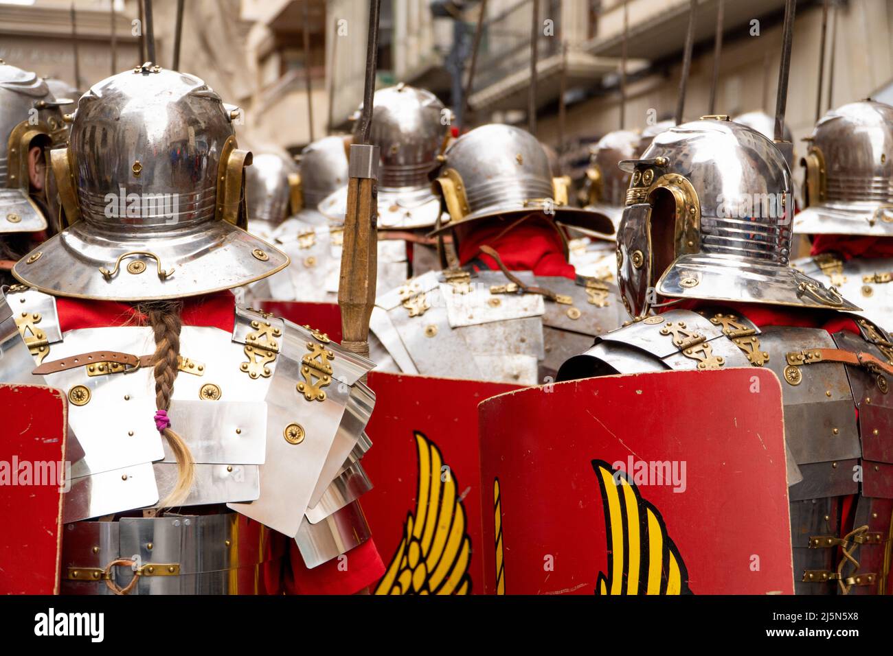 roman soldiers in a historical reenactment in easter. People performing ...