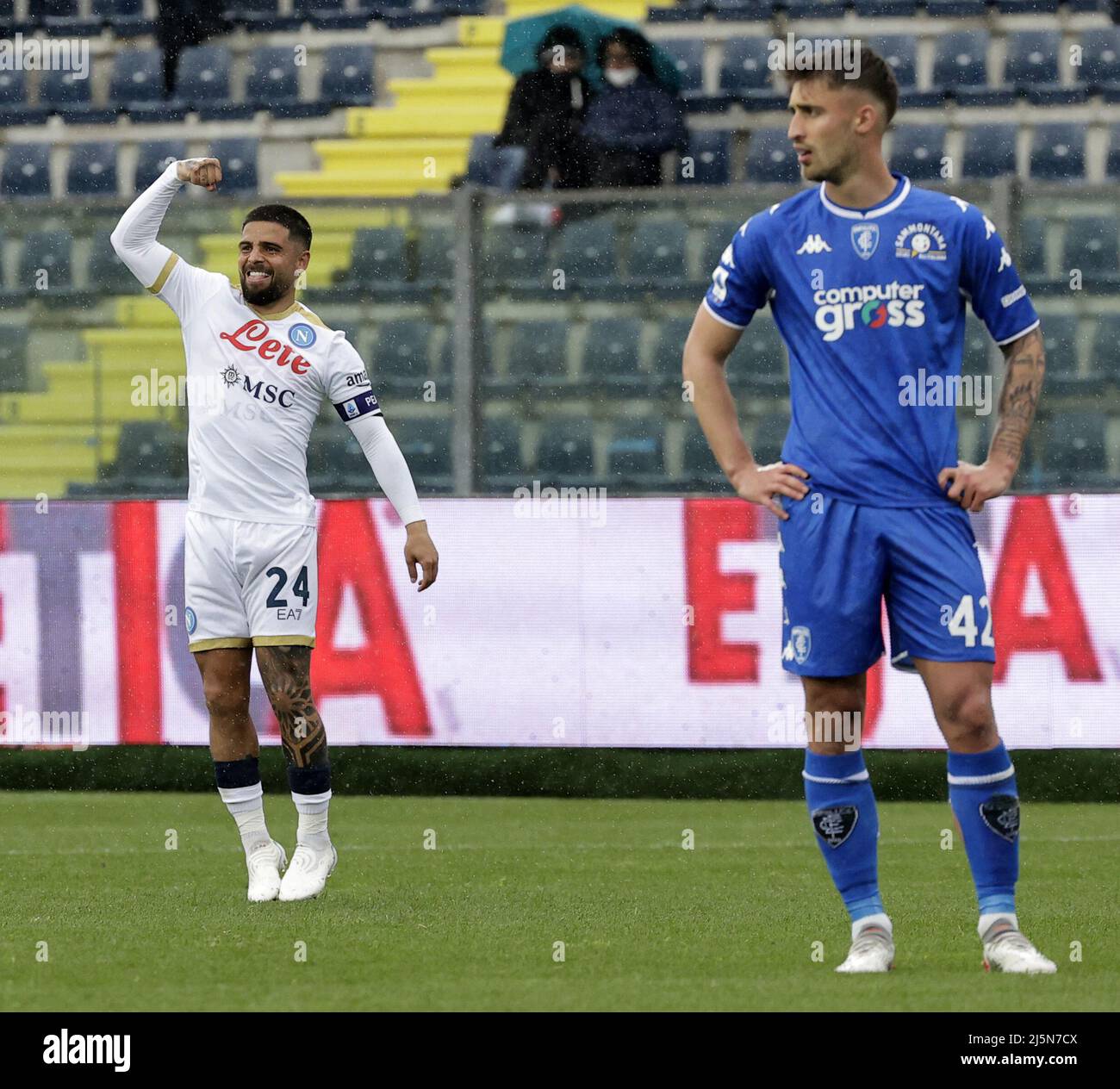 Empoli, Italy. 24th Apr, 2022. Napoli's Lorenzo Insigne (L) celebrates ...