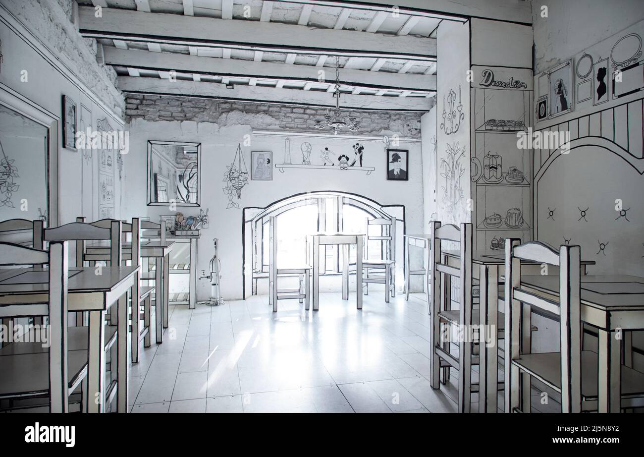 Cartoon style Cafe at San Telmo Market Stock Photo - Alamy