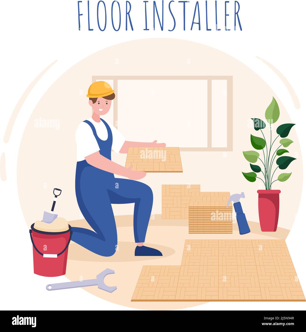 Floor Installation Cartoon Illustration with Repairman, Laying ...