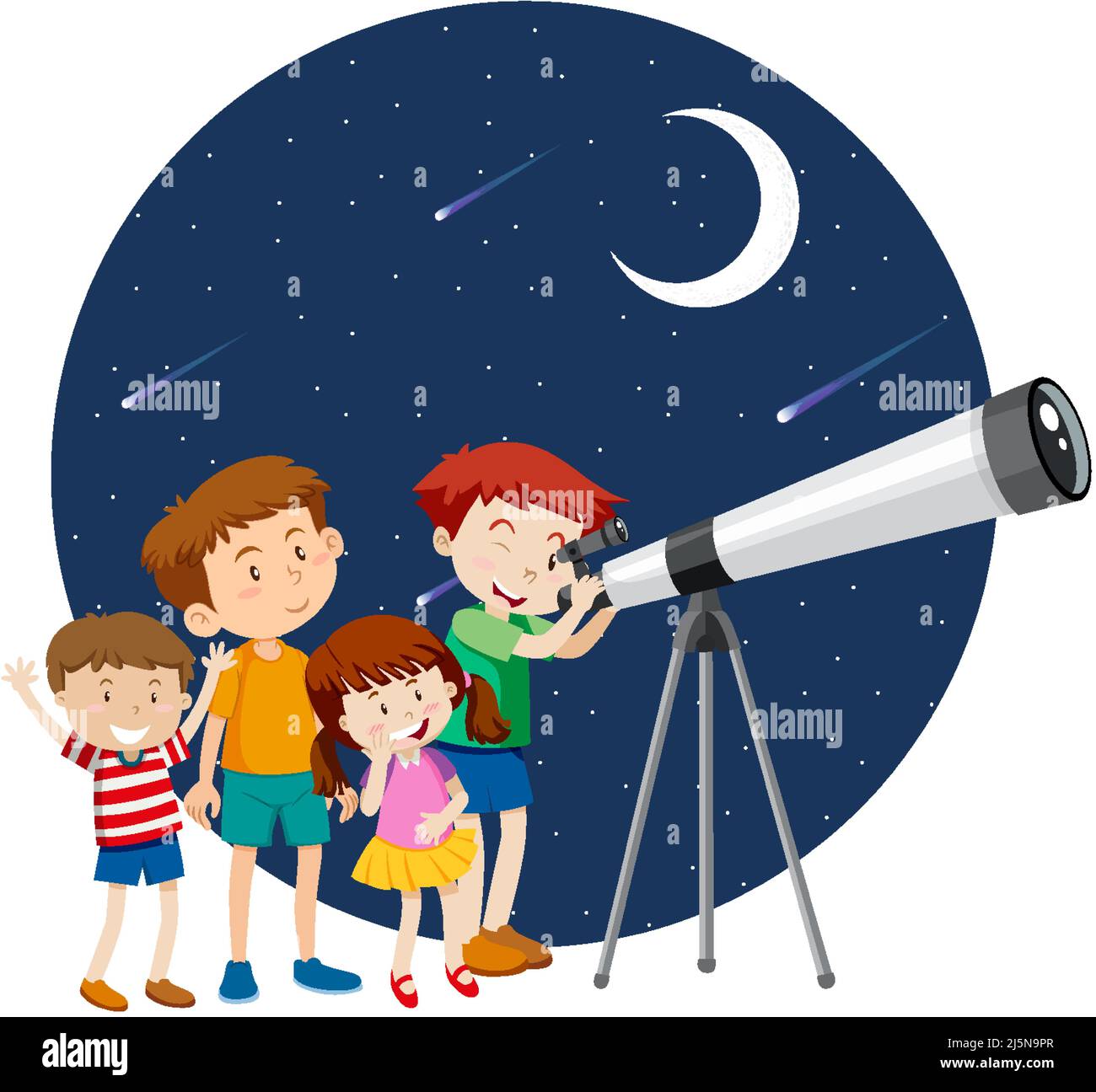 Happy kids observe night sky with telescope illustration Stock Vector ...