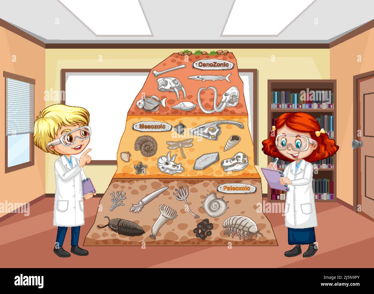 Fossil in soil layers with children cartoon character illustration ...
