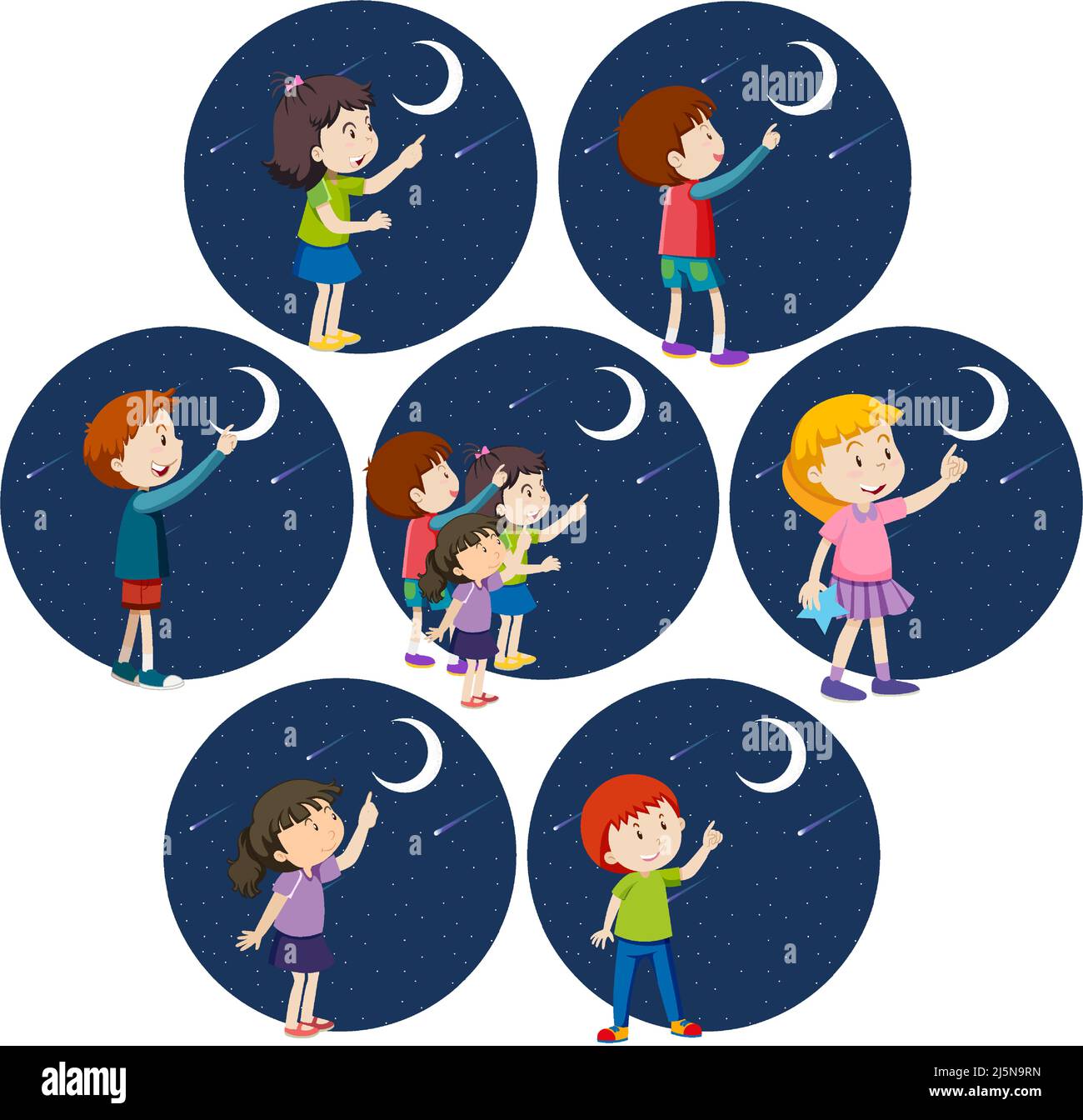 Set of different kids pointing finger to the moon illustration Stock ...