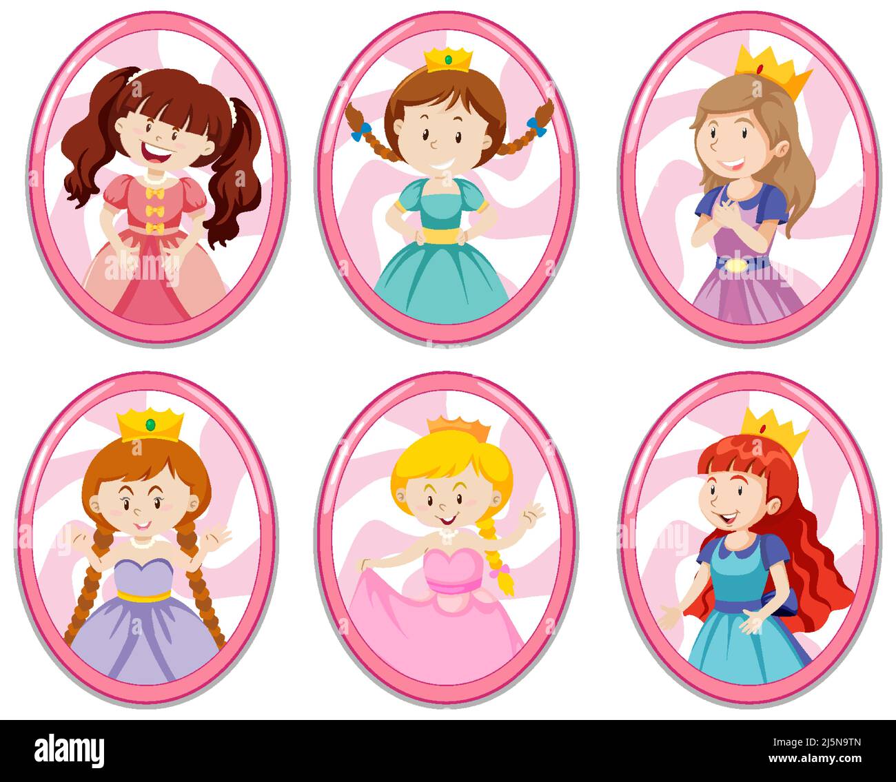 Set of different cute princess cartoon character illustration Stock ...