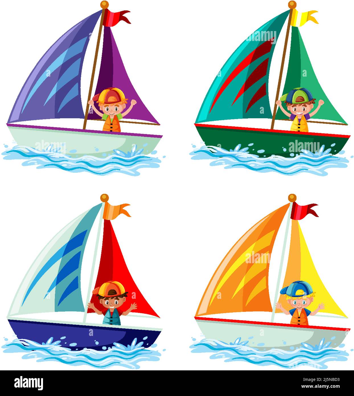 Different kids on sailboats in cartoon style illustration Stock Vector ...