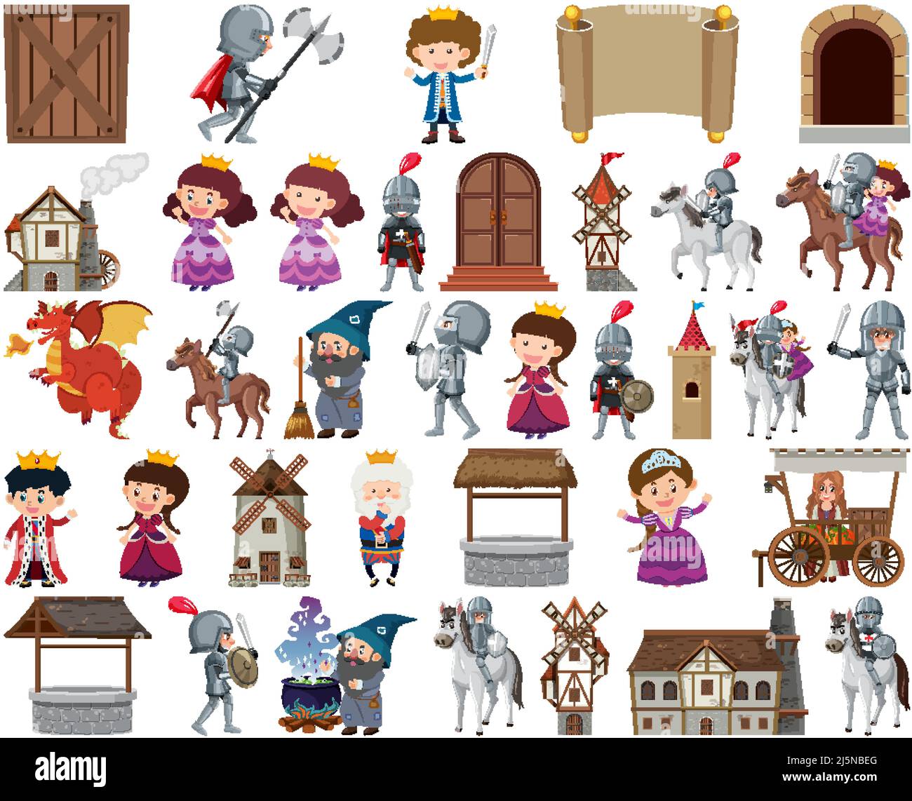 Medieval characters buildings set illustration Stock Vector Image & Art ...