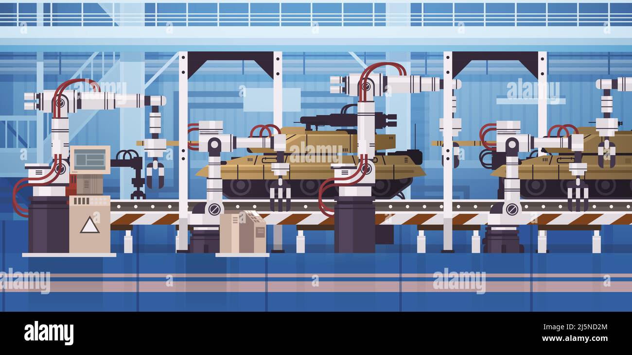 tanks on assembly conveyor line with robot arms special battle ...