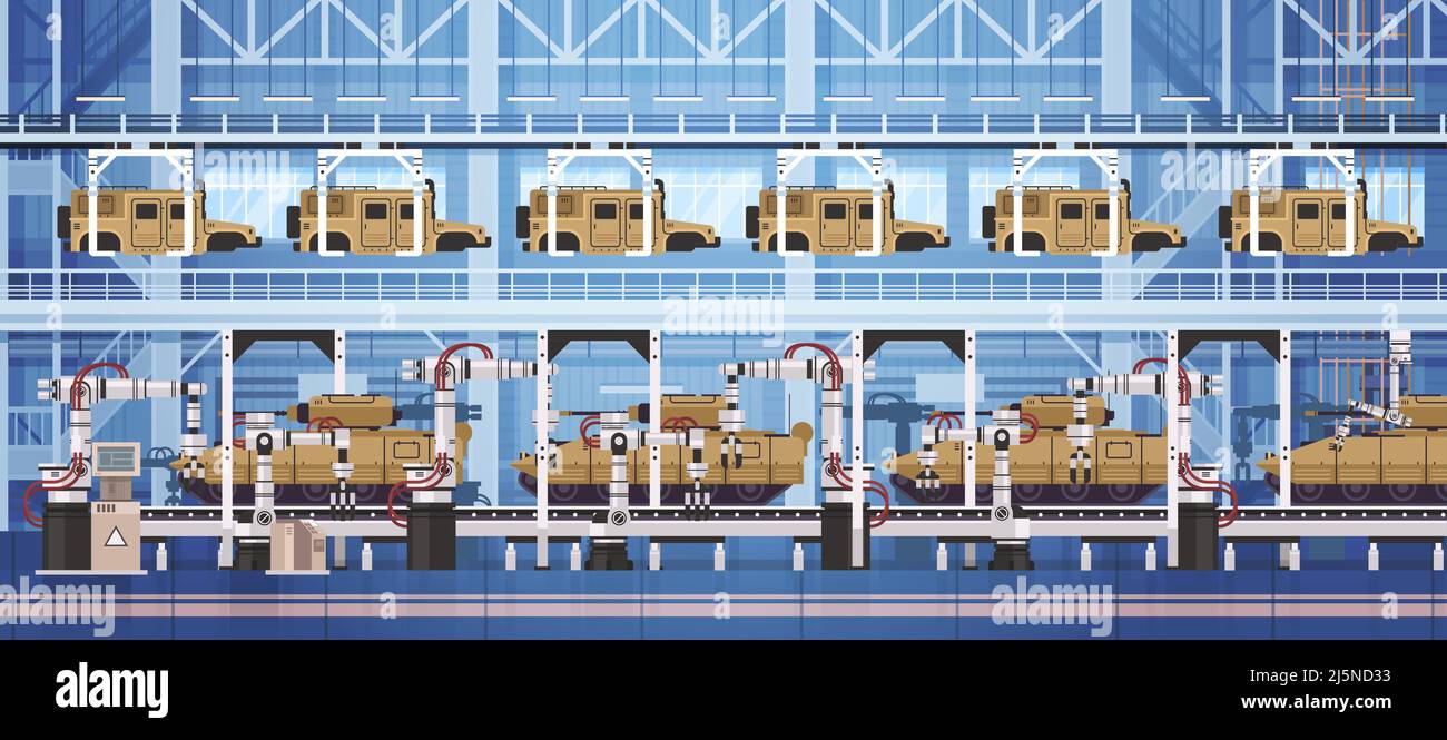 armoured personnel carrier APC and tanks on assembly conveyor line with ...