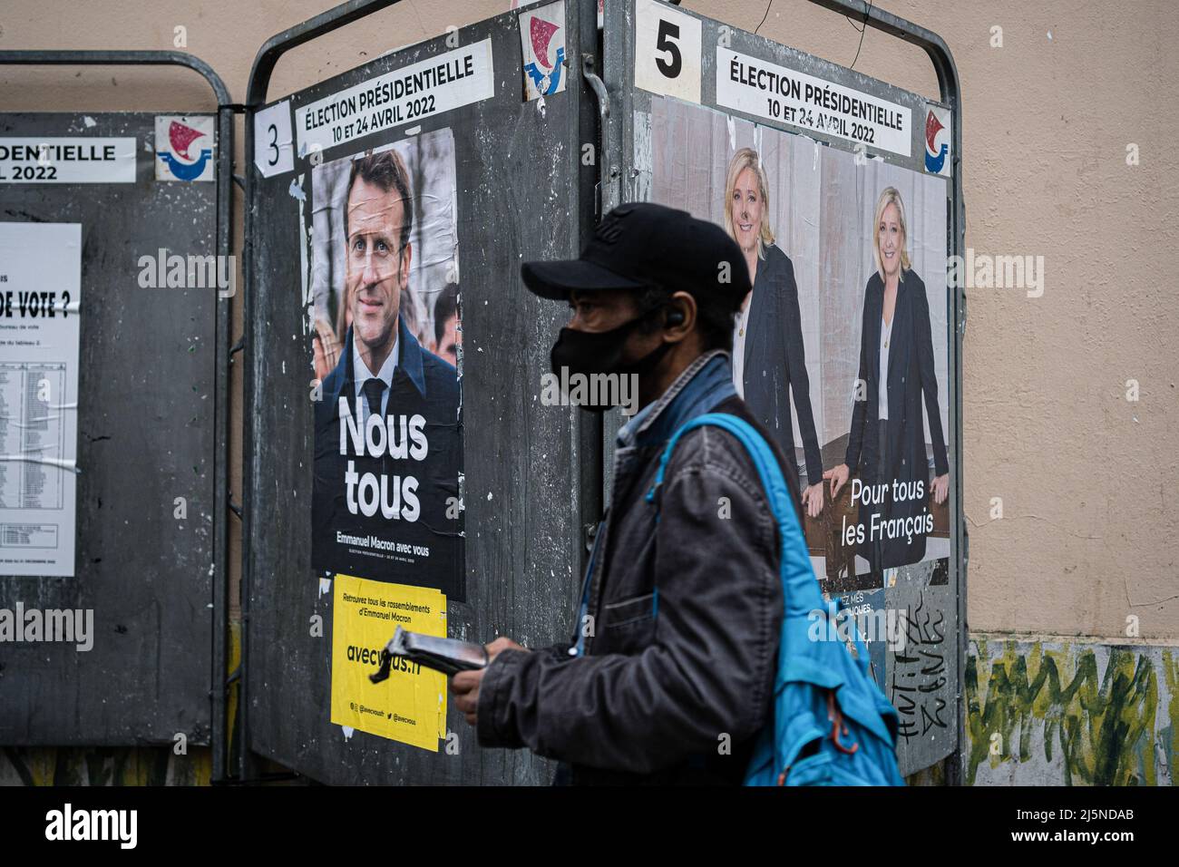 Paris, France. 24th Apr, 2022. Election posters of Macron and Le Pen ...