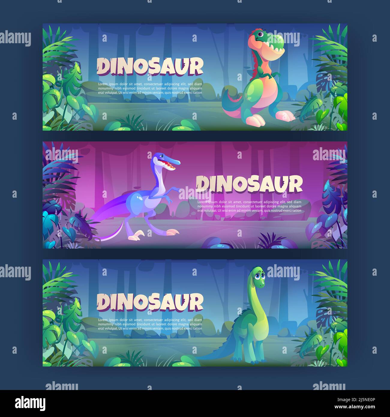 Cartoon banners with dinosaurs brontosaurus, tyrannosaurus rex and triceratops prehistoric ...