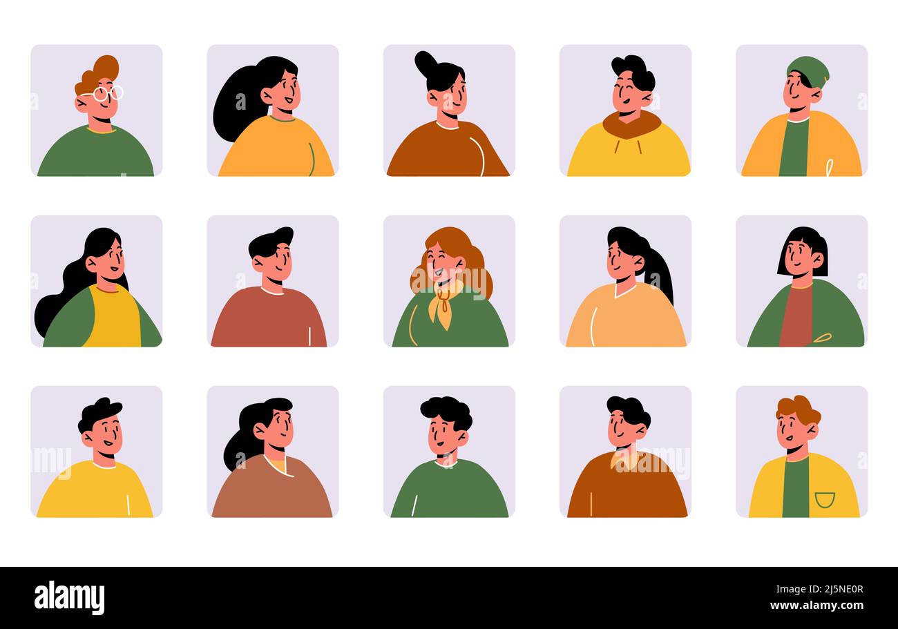 People avatars, square icons with faces of young and adult male and ...