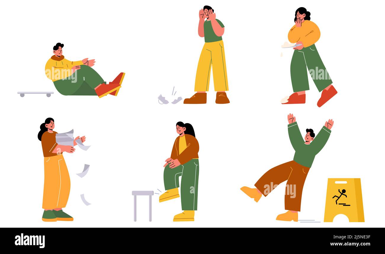 Clumsy people accidents, male or female characters fall down from ...