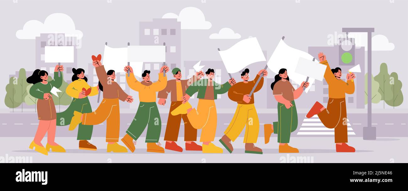 People with placards and banners protest on rally demonstration ...