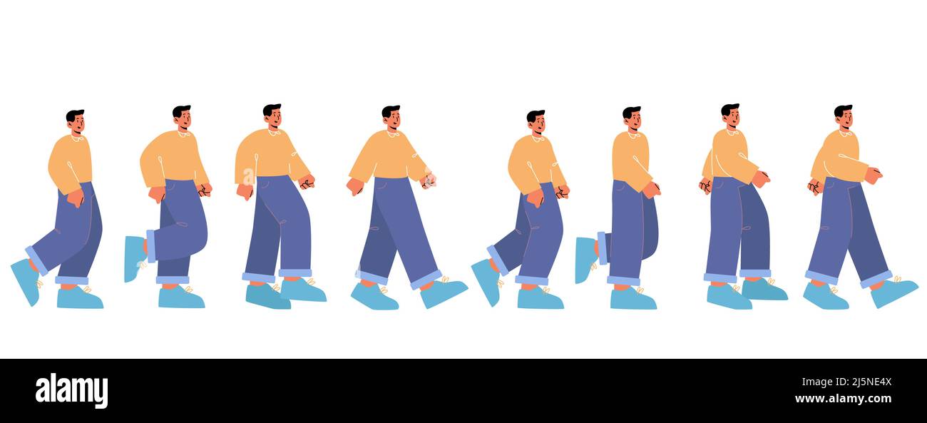 Cycle sequence of man walk. Vector flat illustration of male character steps in different ...